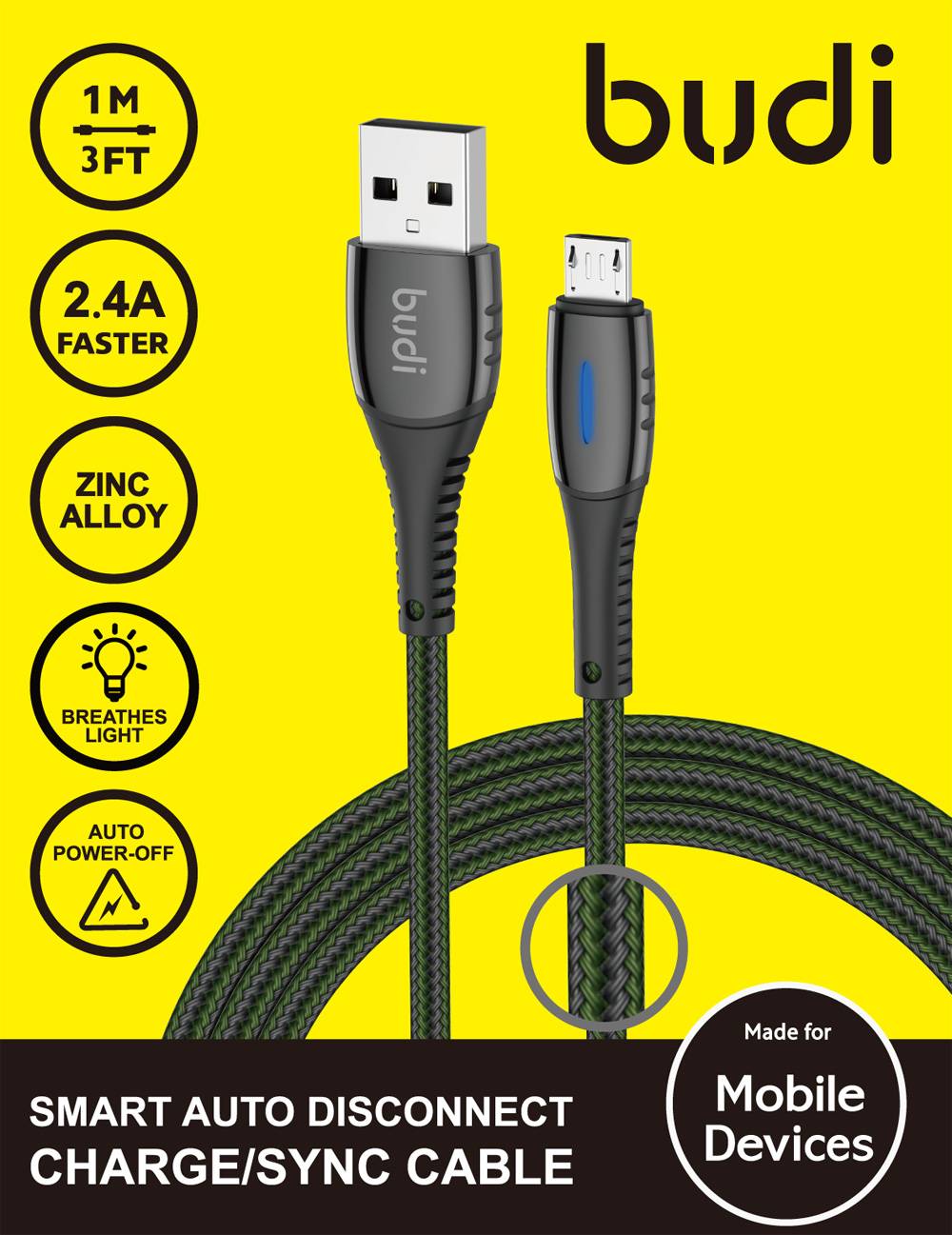BUDI (212M)-SMART LIGHT AUTO DISCONNECT MICRO USB CABLE 1 METER